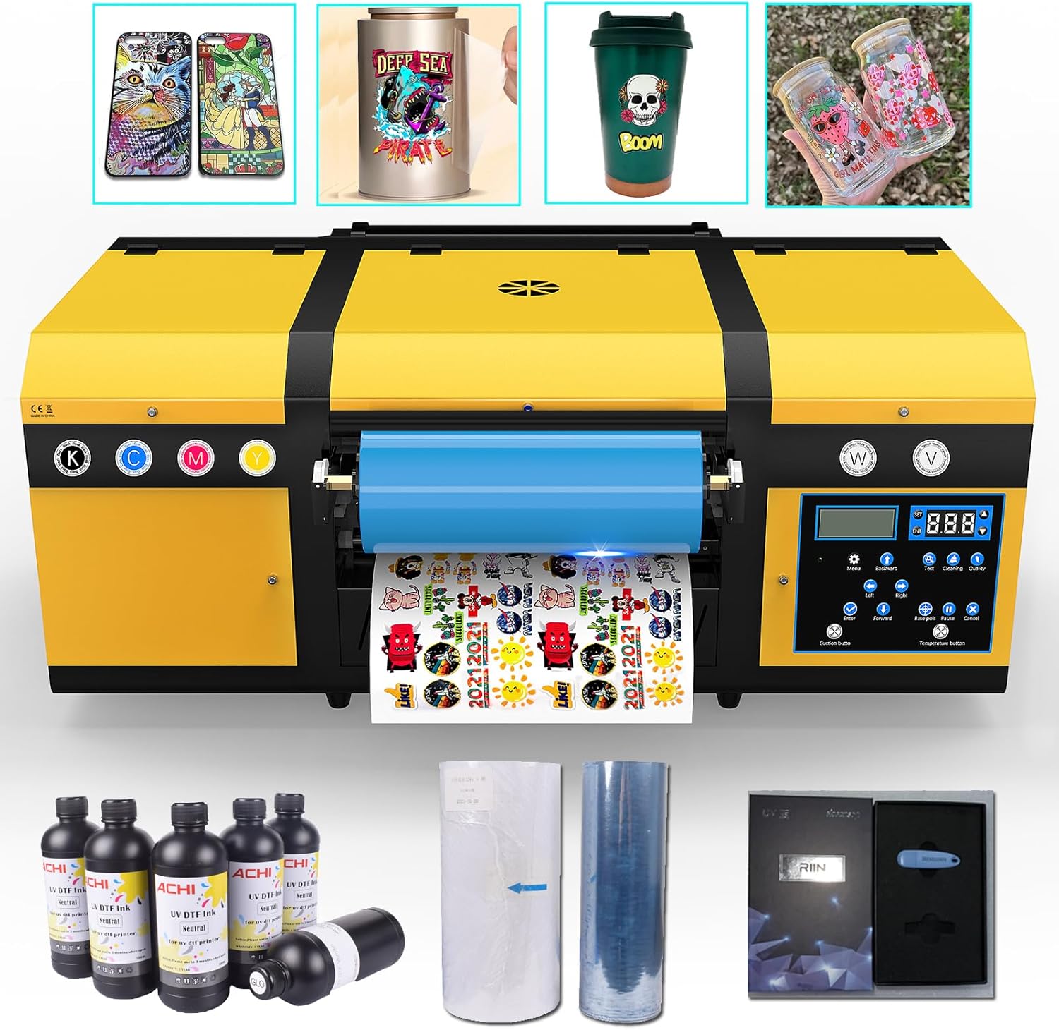 Ovsuqu Impresora UV DTF A3 Impresora UV con película AB de 100 m y tinta UV DTF, máquina de ...