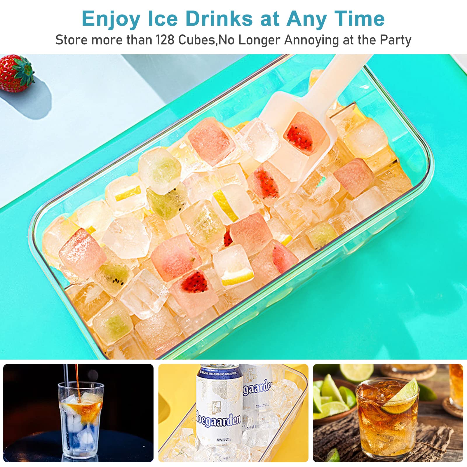 Qoosea Ice Cube Tray with Lid and Bin 2 Trays 64 pcs Silicone Ice Cube ...