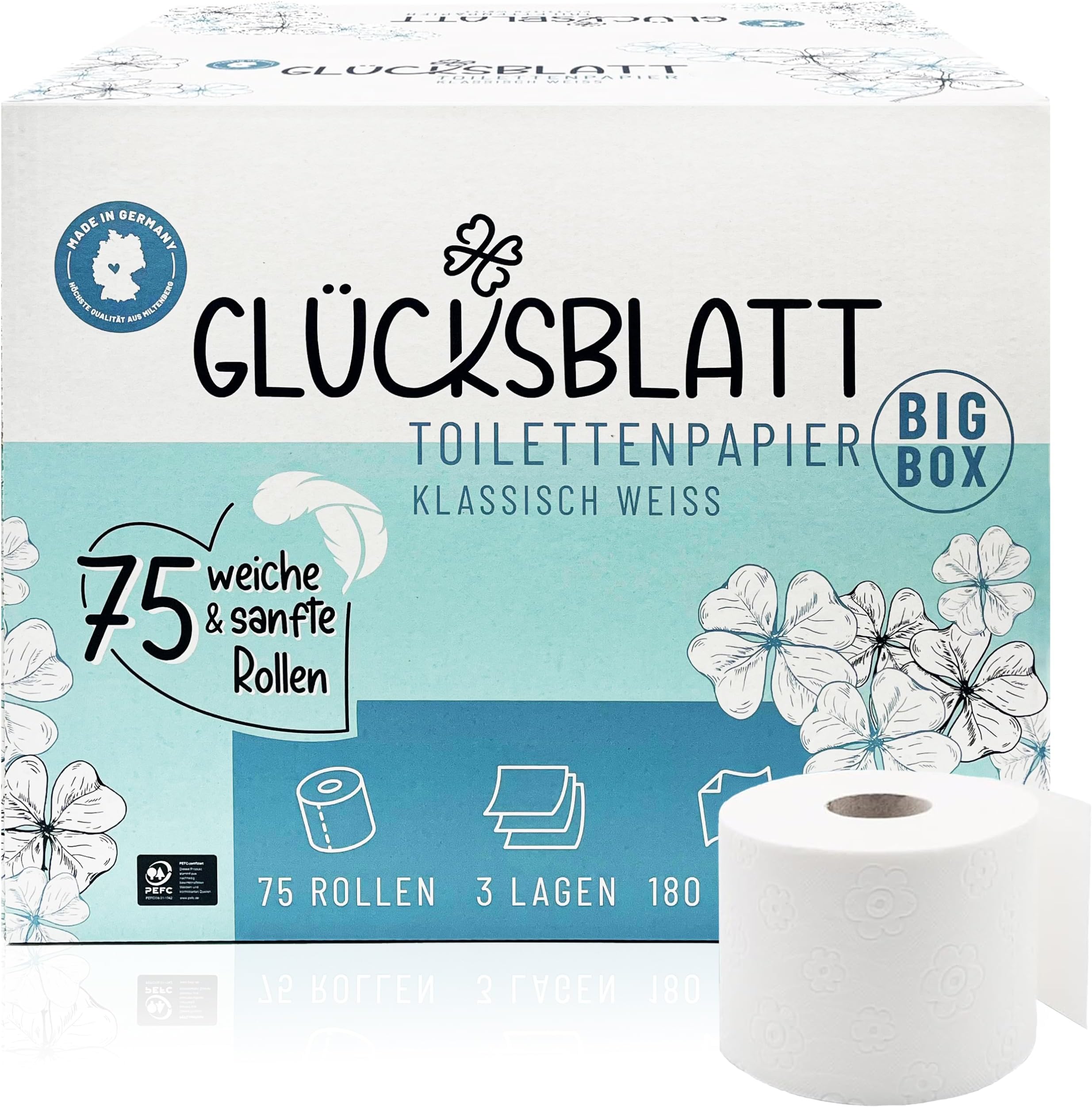 Glücksblatt Toilettenpapier Box, 3-lagig, 75 Rollen x 180 Blatt, 100% ...
