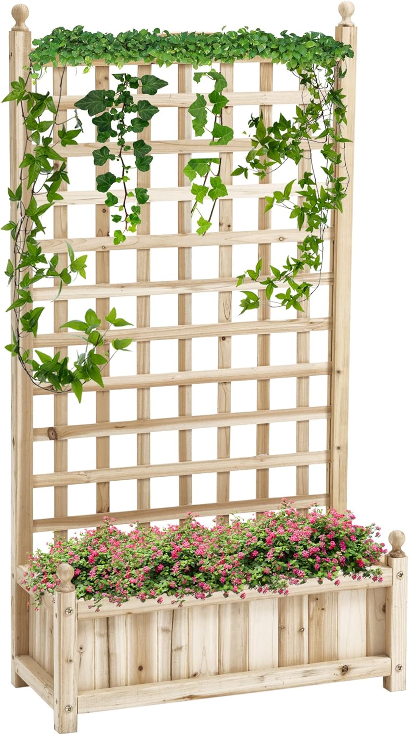 Outsunny Garden Planters with Trellis for Climbing Vines, Wooden Raised ...