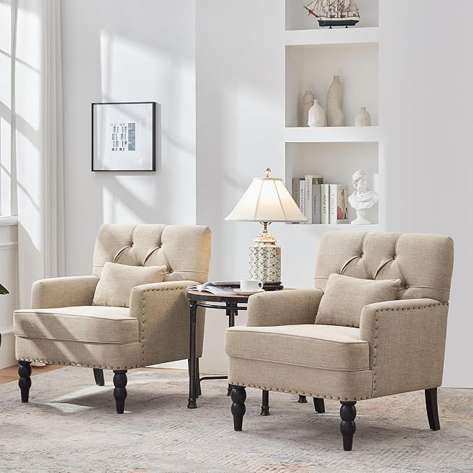 Amazon.com: HUIMO Tufted Club Chair Set of 2 with Lumbar Pillow,Accent Chair Upholstered Button ...