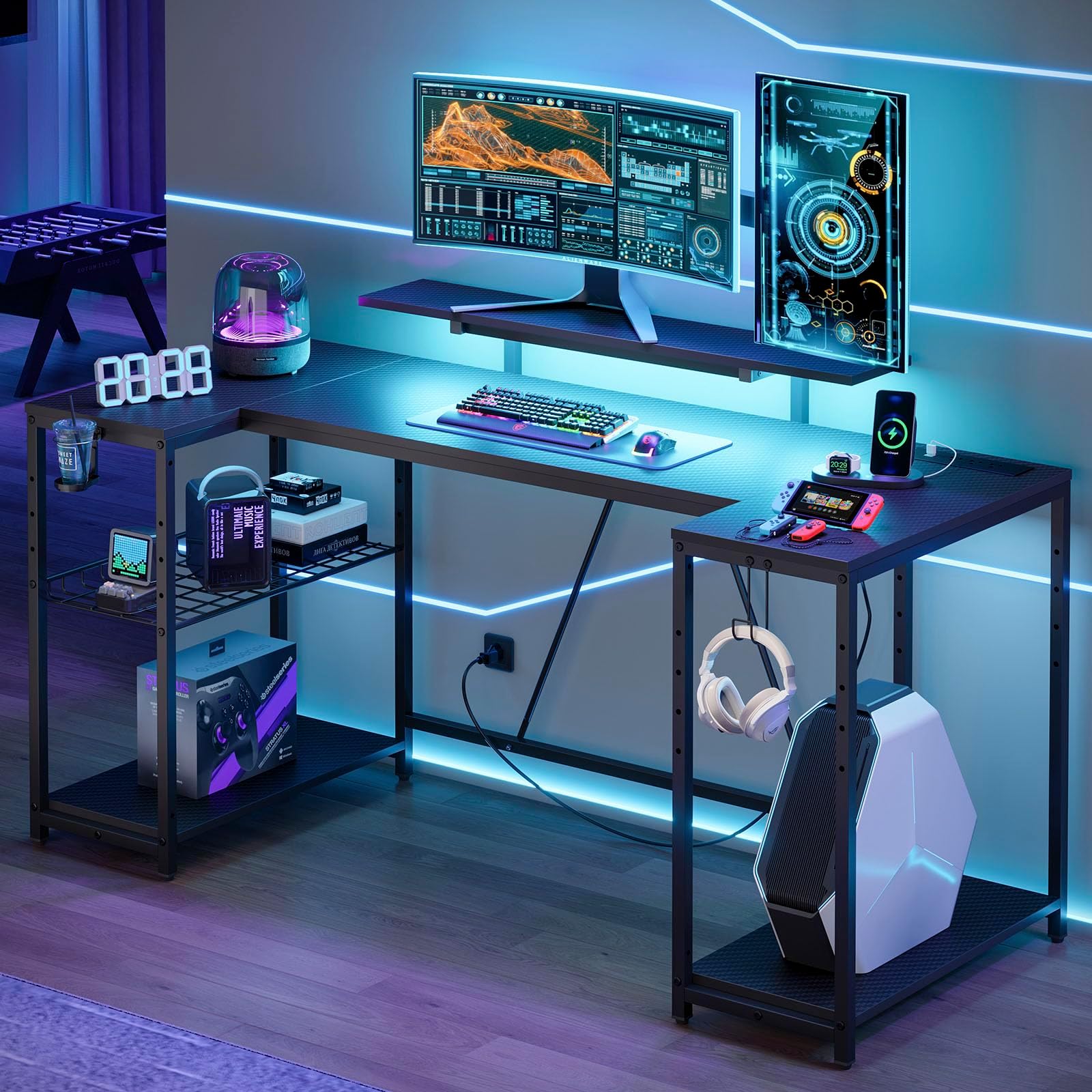 Amazon.com: MOTPK Gaming Desk with LED Lights, 60 Inch U Shaped Desk ...