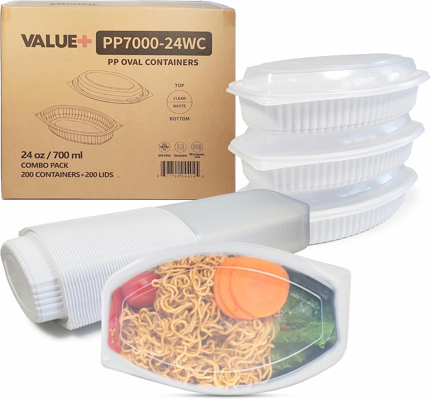 Value Plus (200 Count) 24 OZ Oval Food Containers White With Clear Lids ...