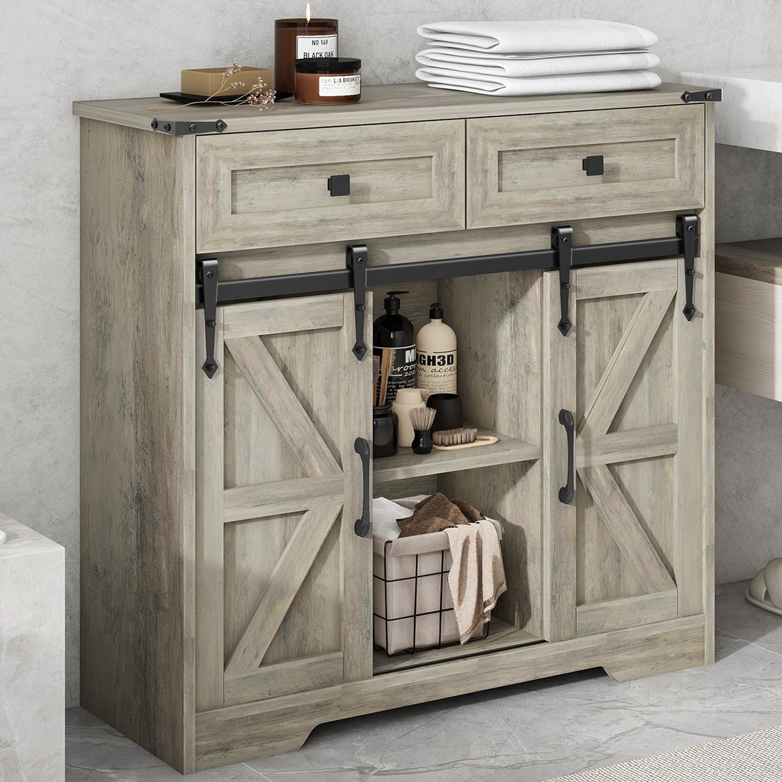 Vabches Farmhouse Storage Cabinet with Sliding Barn Doors and Drawers ...