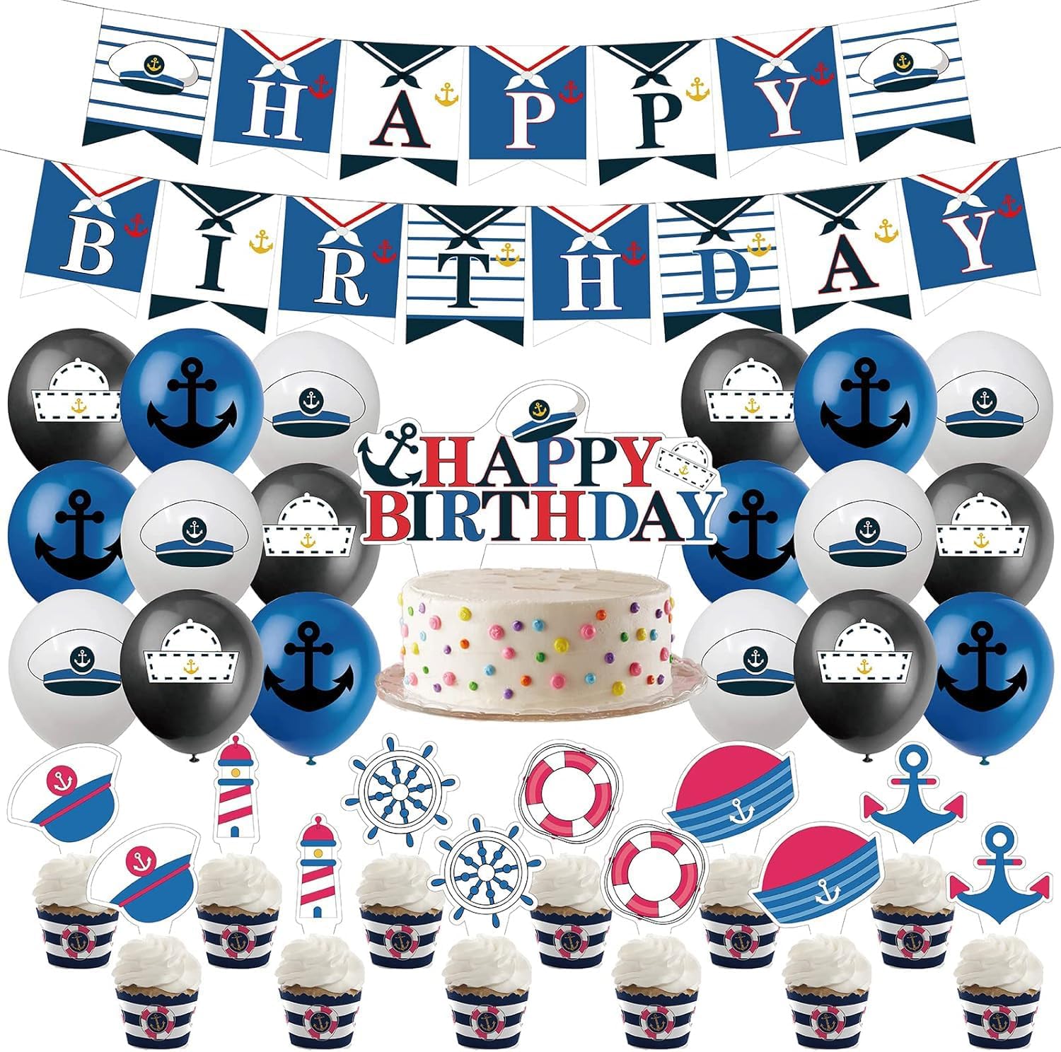 Amazon.com: 32 Pcs Nautical Birthday Party Decorations Includes ...