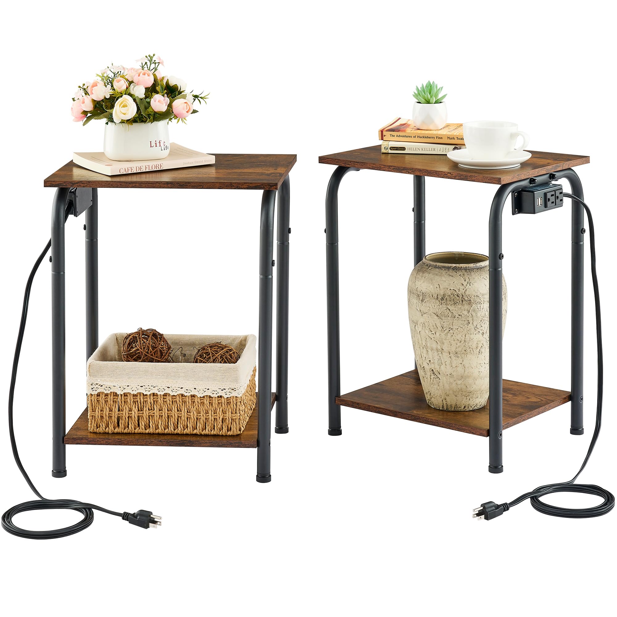 Tajsoon 2 Tier End Tables with USB Ports and Outlets Set of 2, Small ...