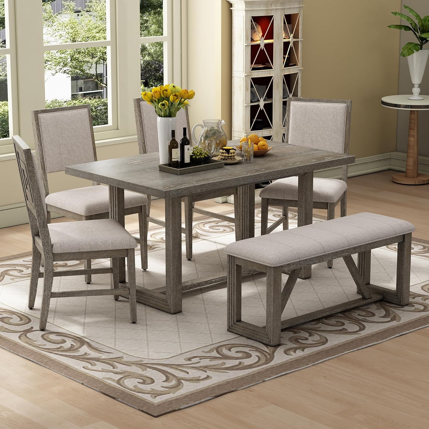 Amazon.com - 6 Piece Dining Table Set with Bench and 4 Chairs,Retro ...