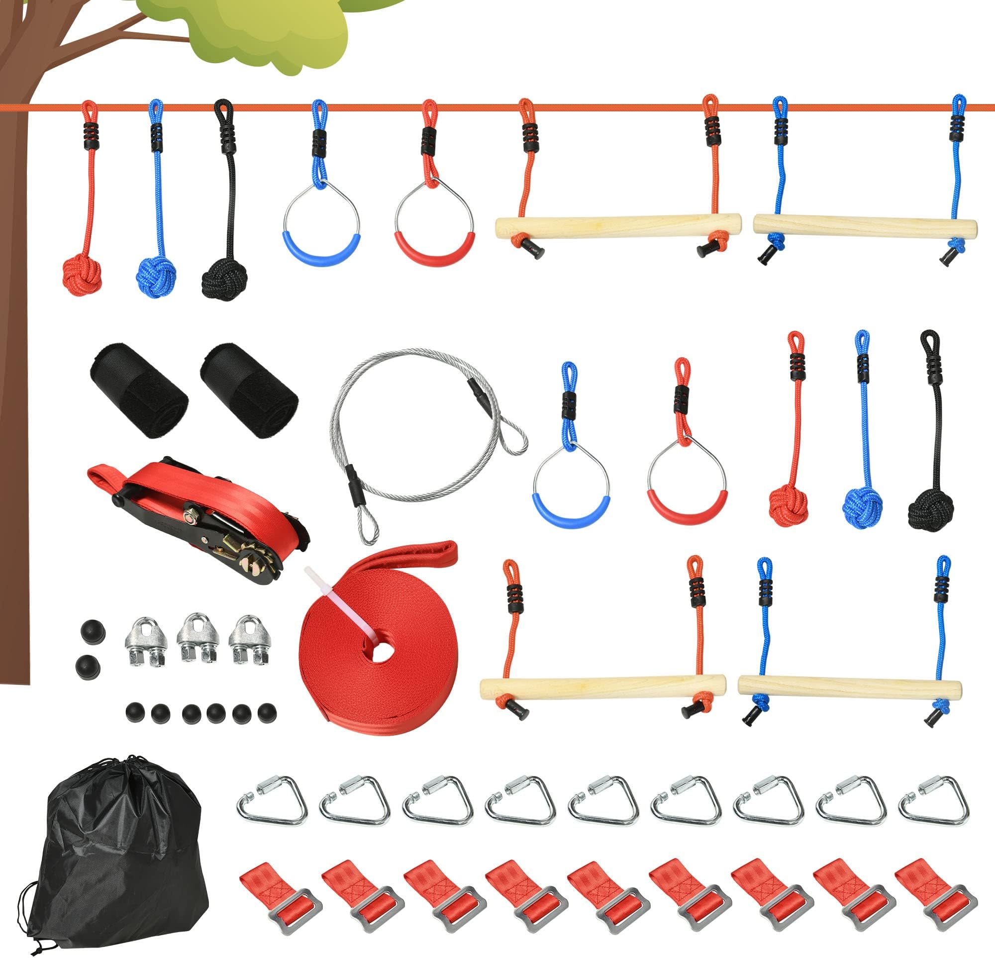 Outsunny Ninja Slackline-Set 30 TLG., 10 m Seil mit Hindernissen ...