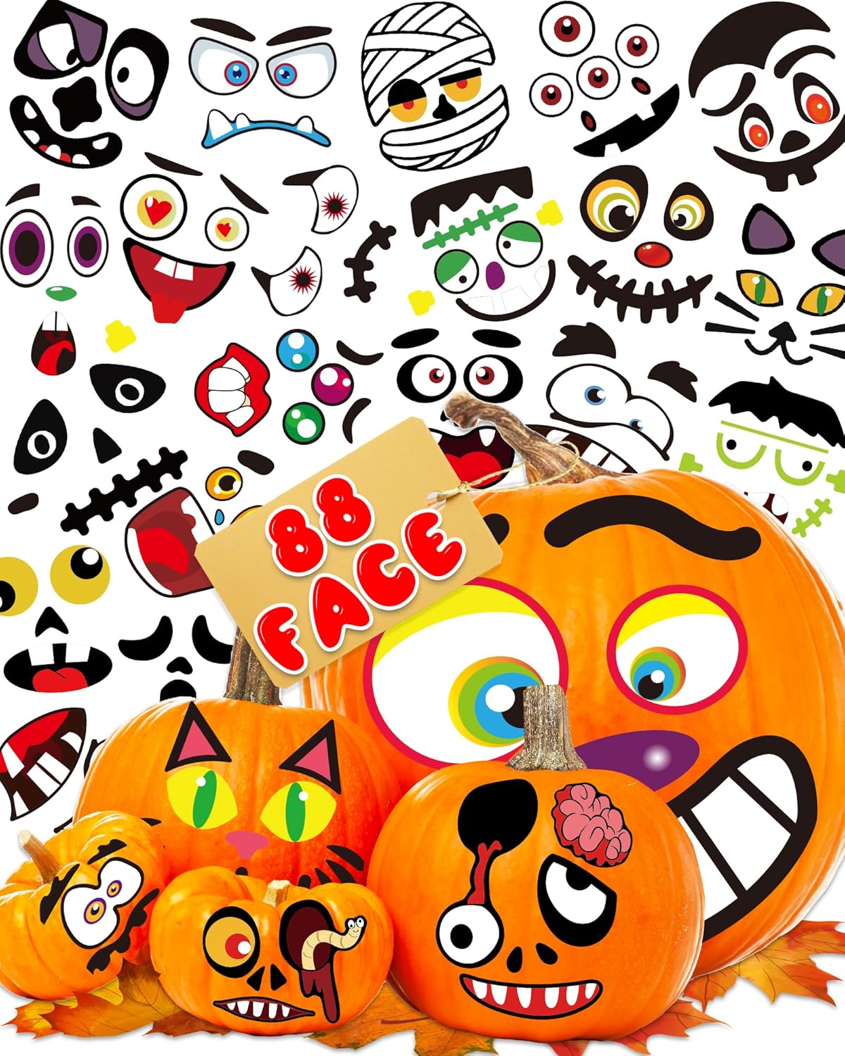 Amazon.com: Oomloid Halloween Pumpkin Stickers for Kids, 88 Funny Face ...