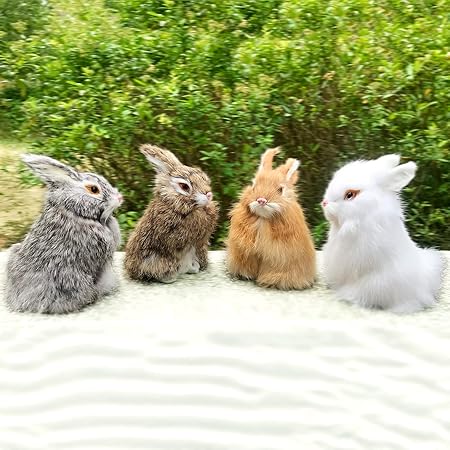 Pack of 4 Assorted Miniature Realistic Furry Rabbits Figurines ...
