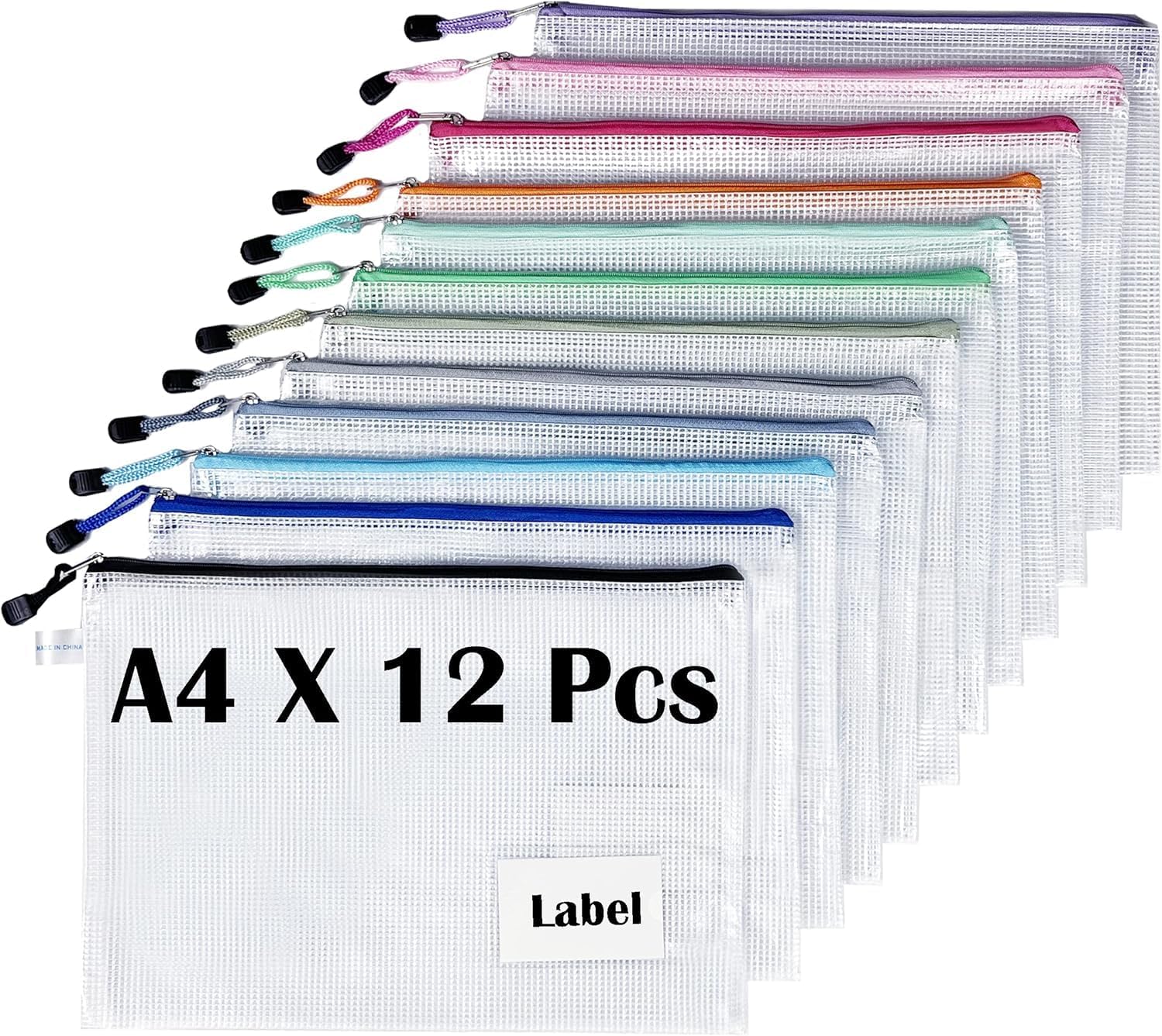 12 Pcs A4 Plastic Wallets Mesh Zipper Pouch with Label Pocket, TRANBO ...