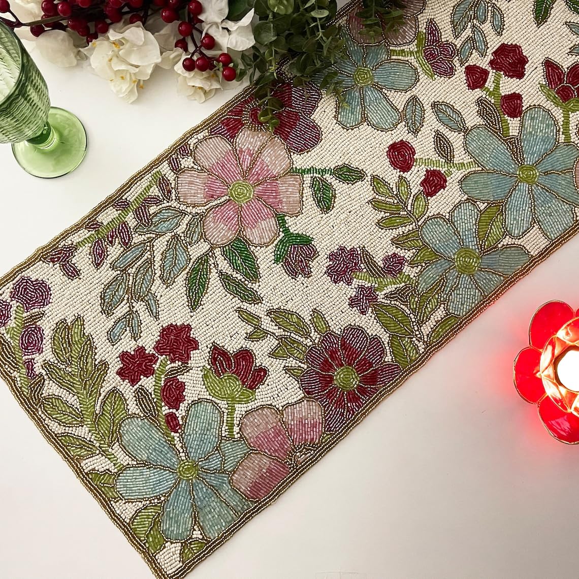 Amazon.com: Floral Spring Table Runner_N1, Handmade Beaded, 13x36inch ...
