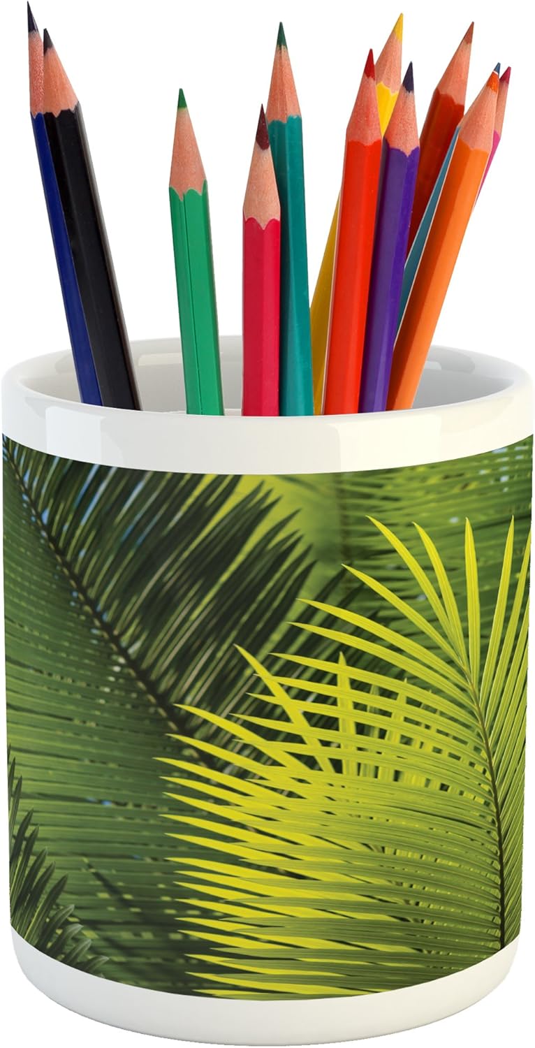 Amazon.com: Lunarable Palm Tree Pencil Pen Holder, Fresh Tree Leaves ...