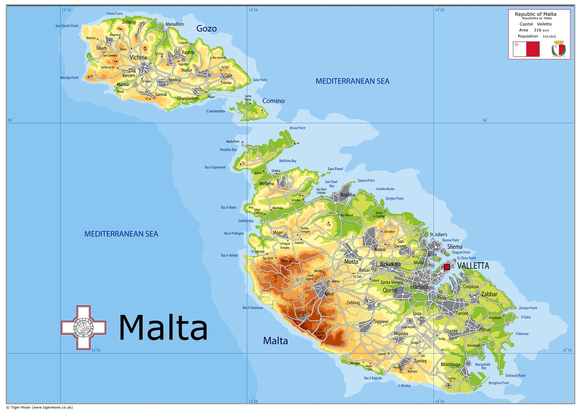 Physical Map of Malta - The Oxford Collection - Size A1 - Paper ...