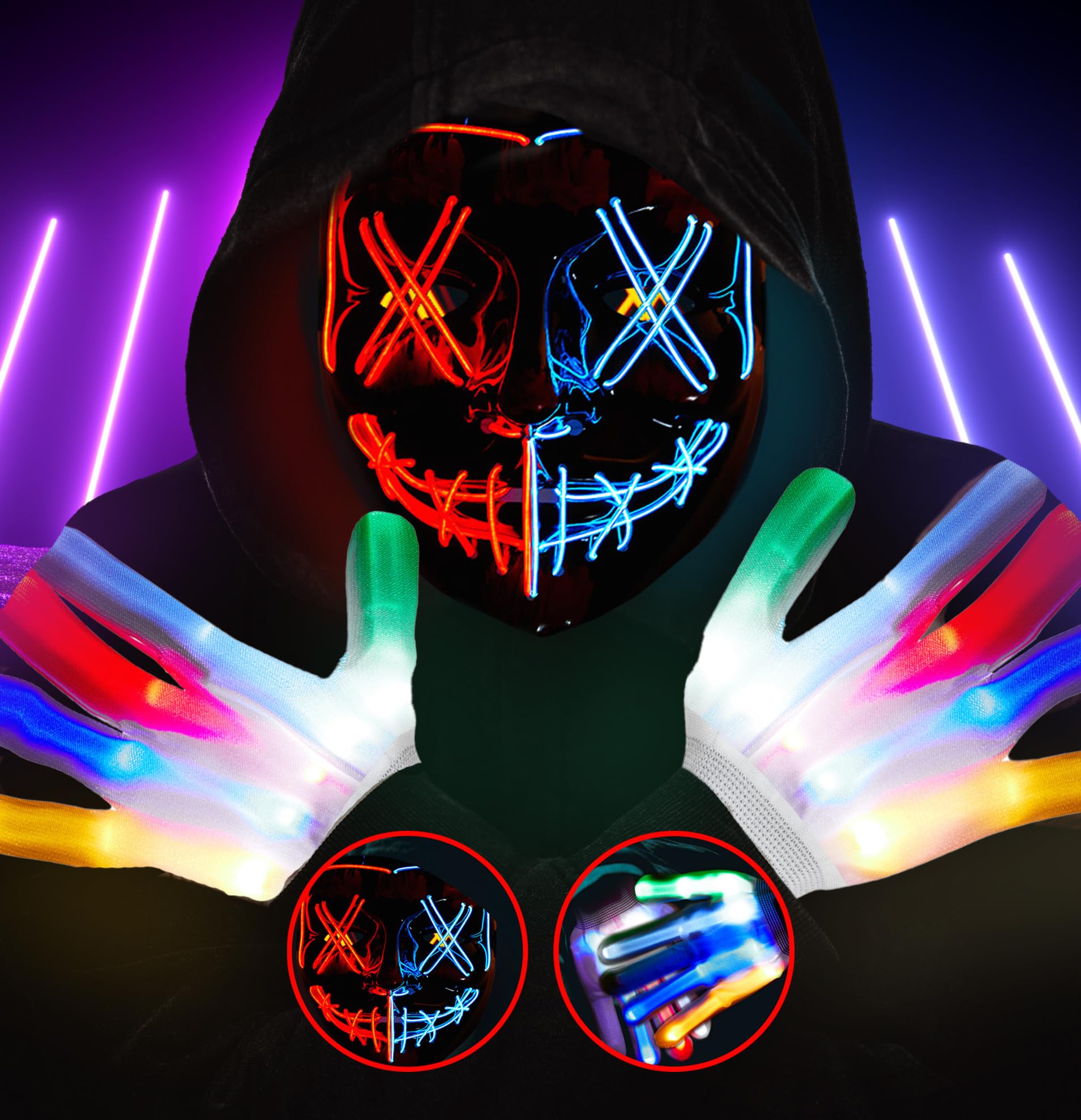 Halloween LED Mask & Light Up Gloves - 2pc LED Halloween Mask and ...