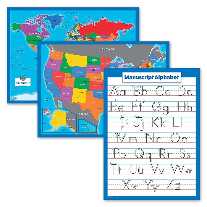 Buy 3 Pack - World & USA Map Chart [Blank Short] + ABC Alphabet ...