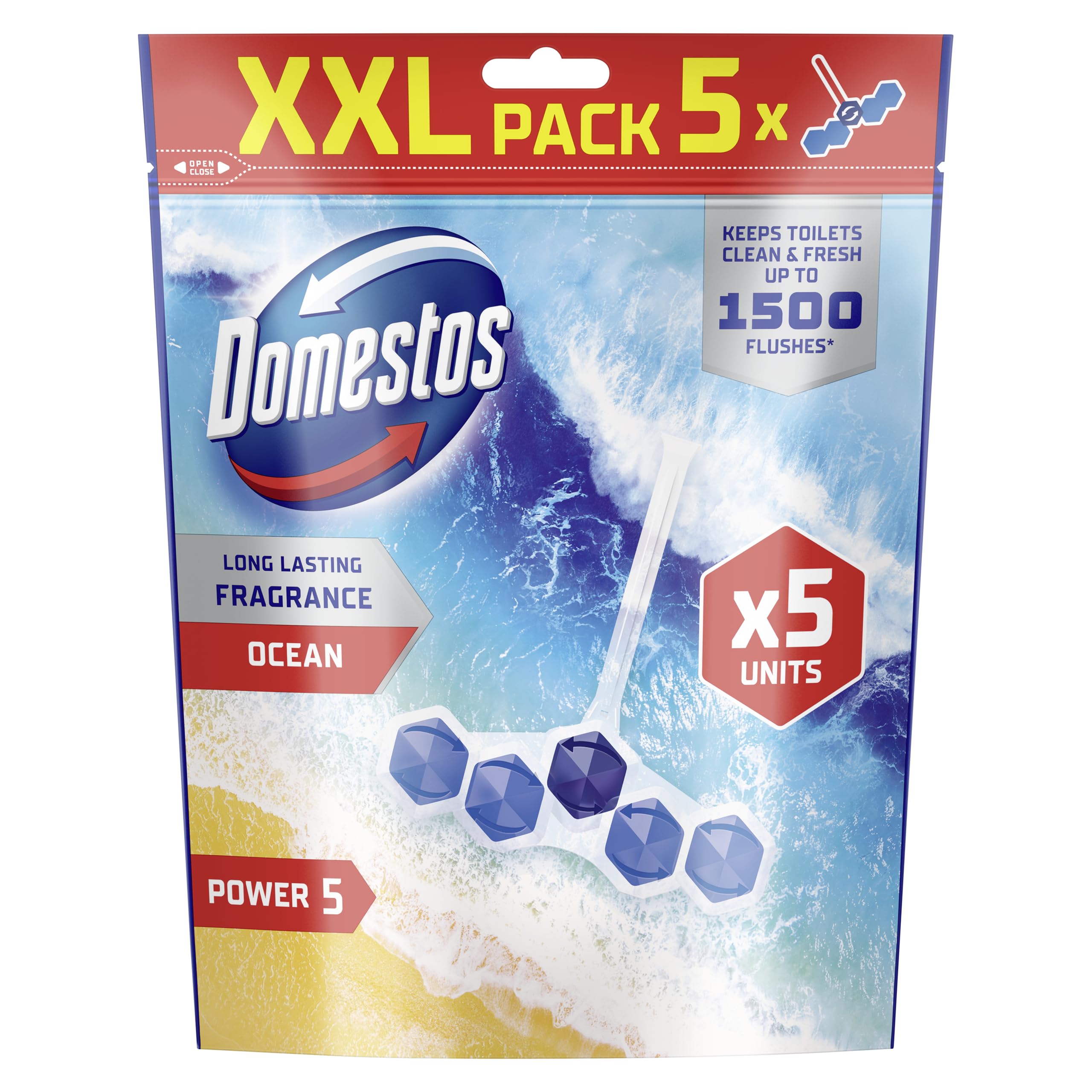 Domestos Power 5 Ocean Toilet Rim Blocks toilet freshener with a long ...