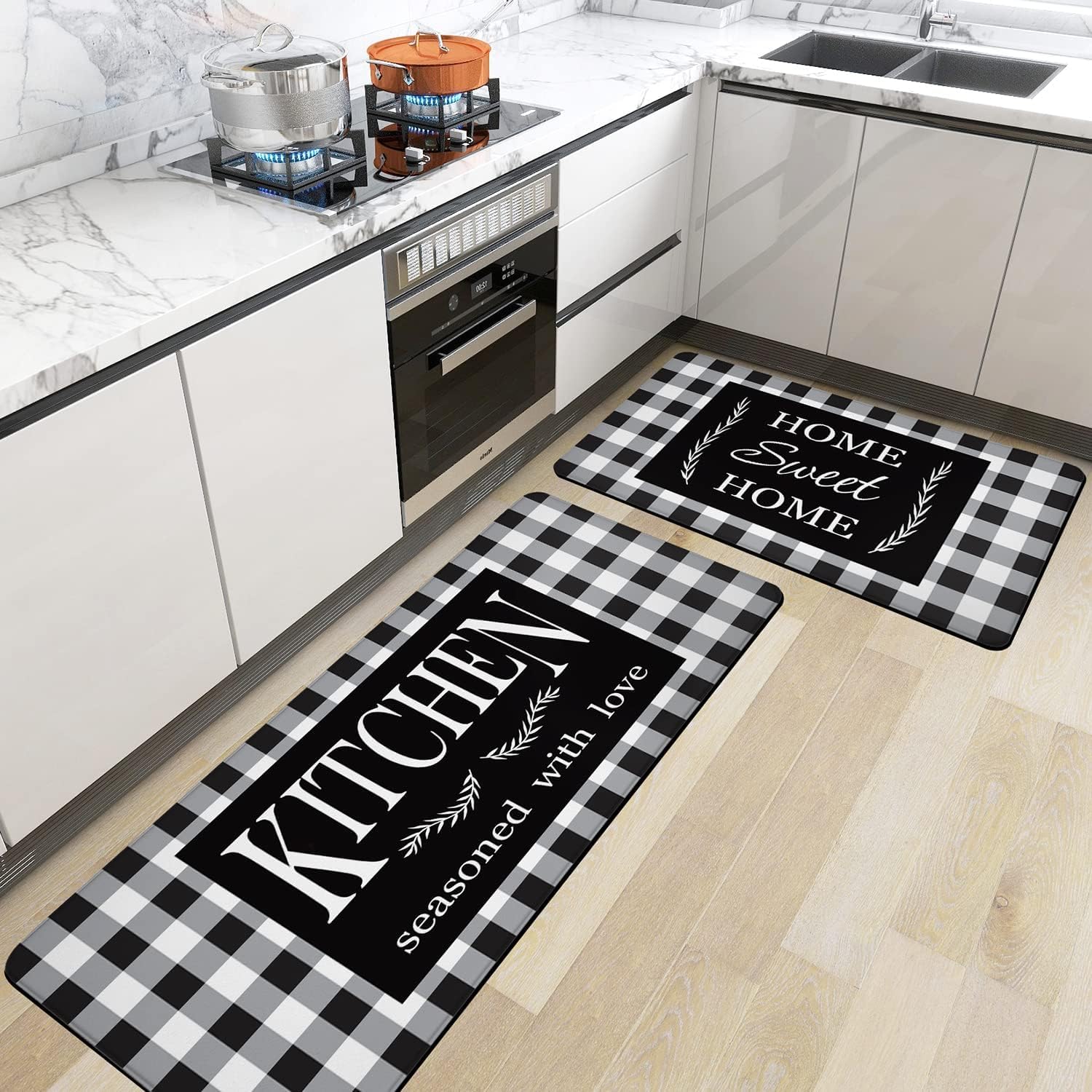 Amazon.com: Black and White Buffalo Plaid Kitchen Rugs, Set of 2 ...