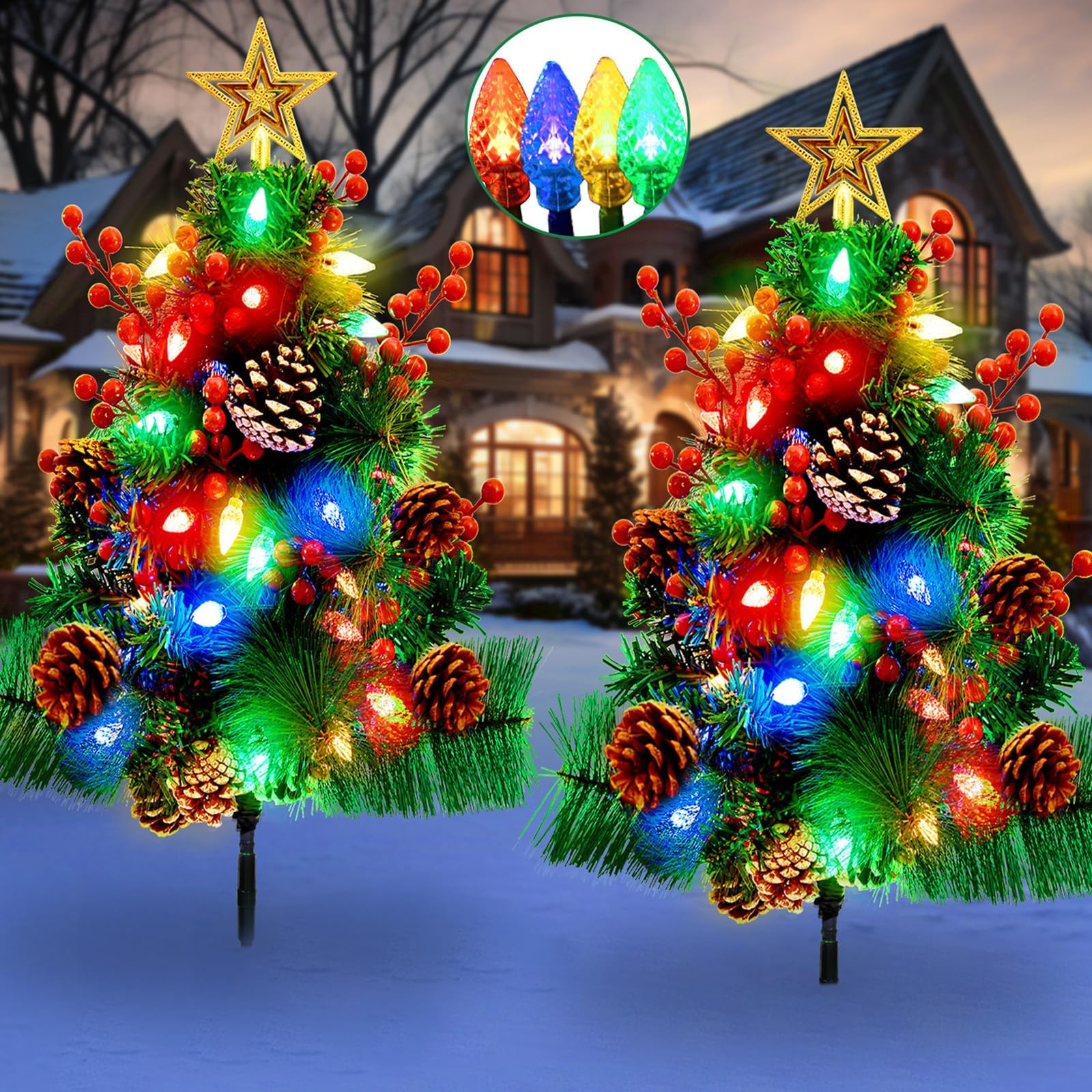 Amazon.com: Small Outdoor Christmas Tree for Porch - Set of 2 Prelit ...