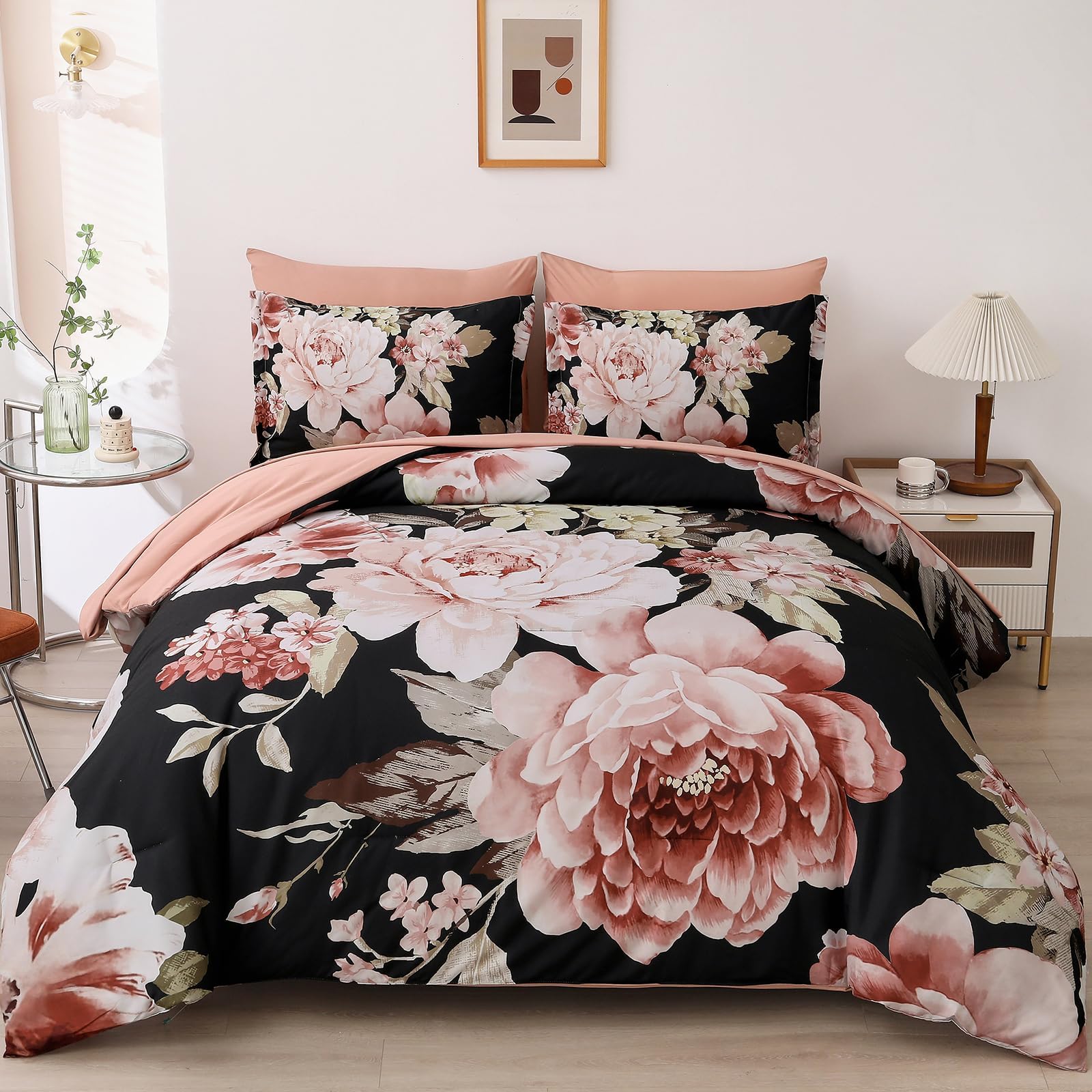 Amazon.com: Koniroom 3PCS Pink and Grey Comforter Set King Size, Floral ...