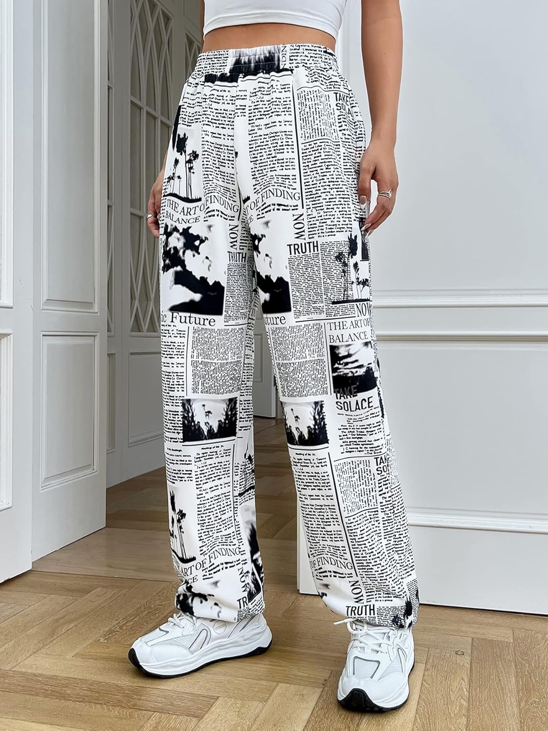 Amazon.com: Pants for Women Newspaper Print Jogger Pants (Color : Black ...