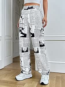Amazon.com: Pants for Women Newspaper Print Jogger Pants (Color : Black ...