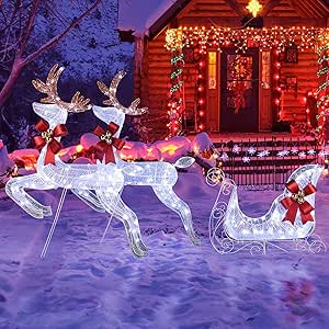 Amazon.com: Lighted Reindeer and Sleigh Outdoor Christmas Decorations ...