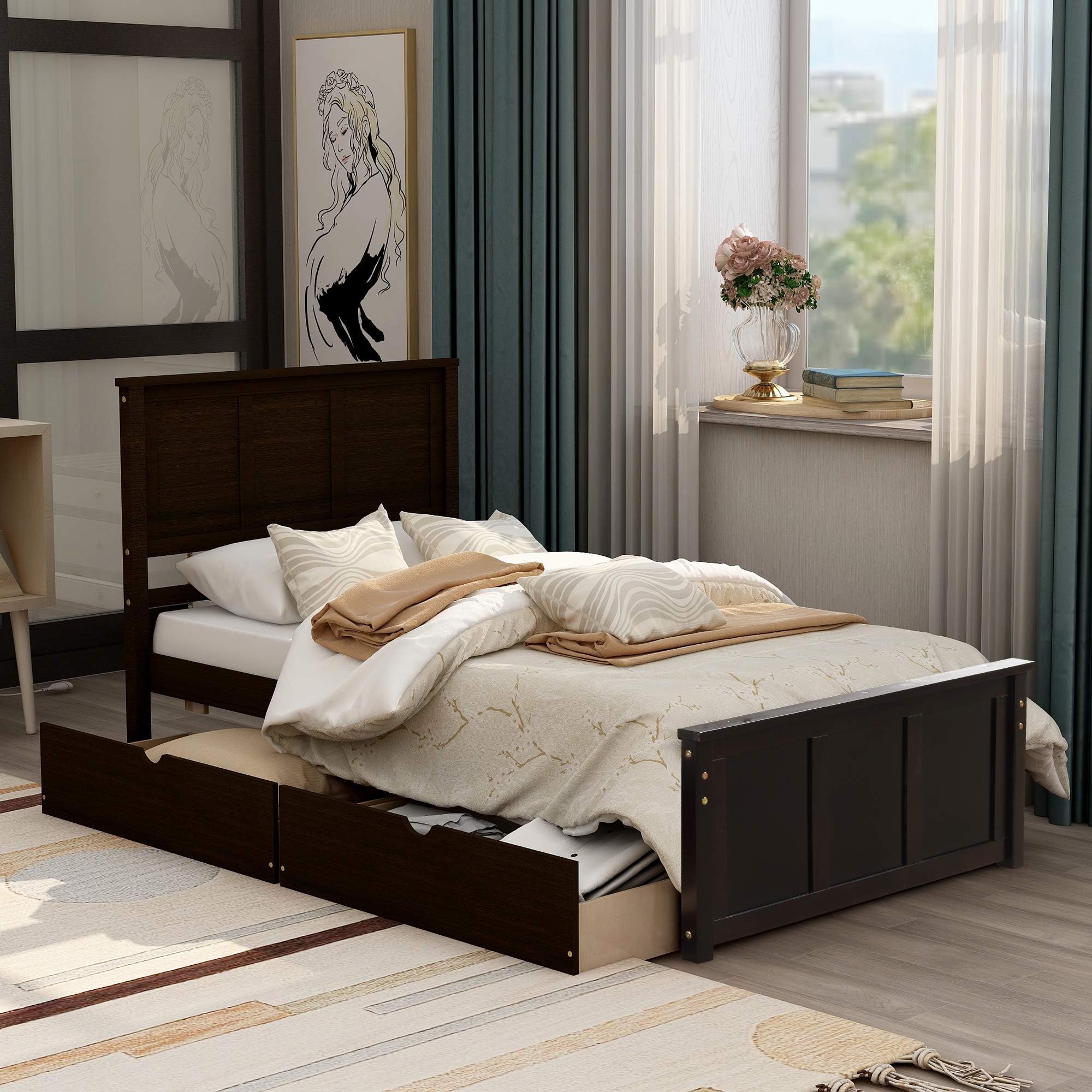 Amazon.com: Twin Platform Beds with Storage Drawers Solid Wood Twin Bed ...