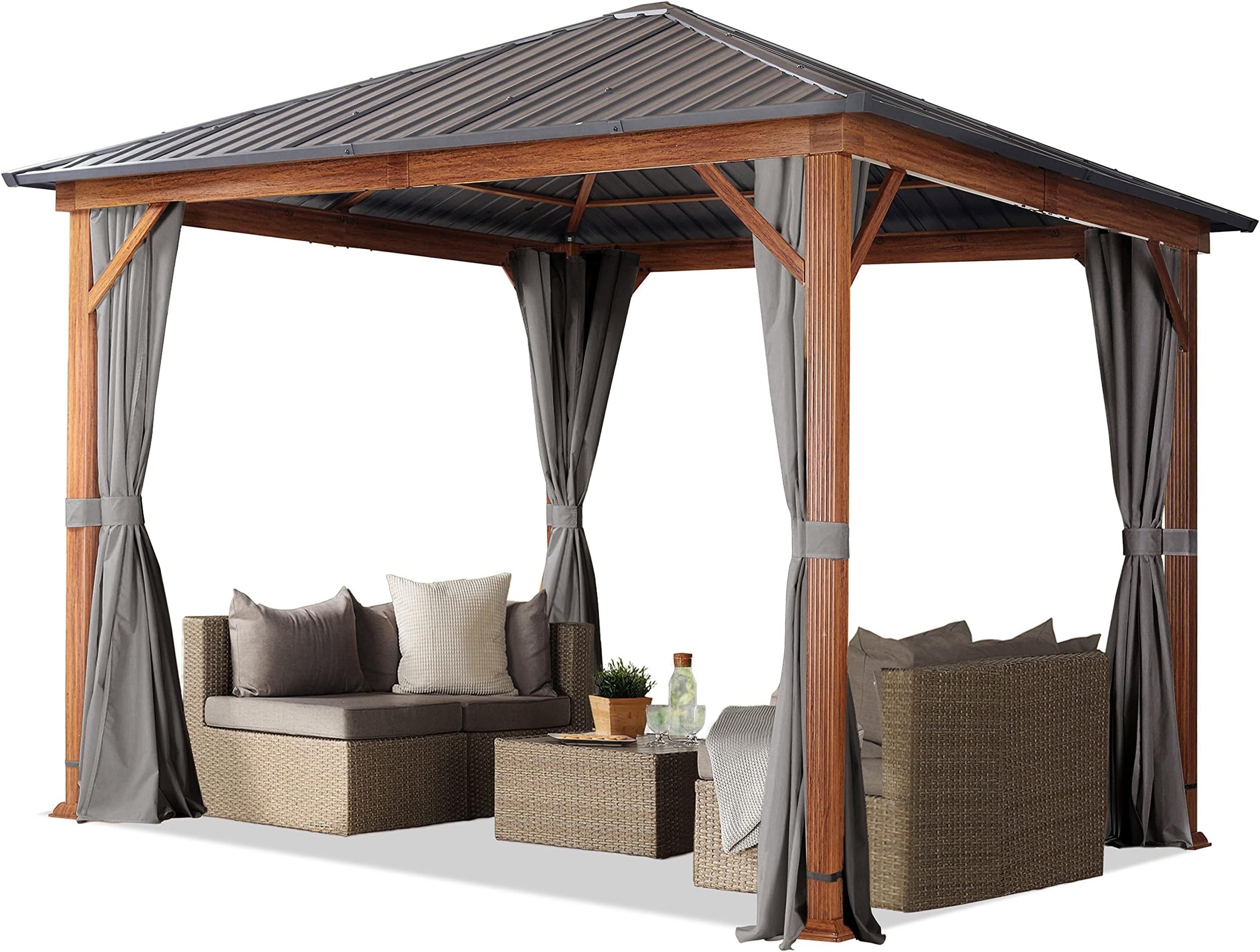 Gazebo da giardino 3x3 m look legno, tetto Hardtop in acciaio, 4 teli ...