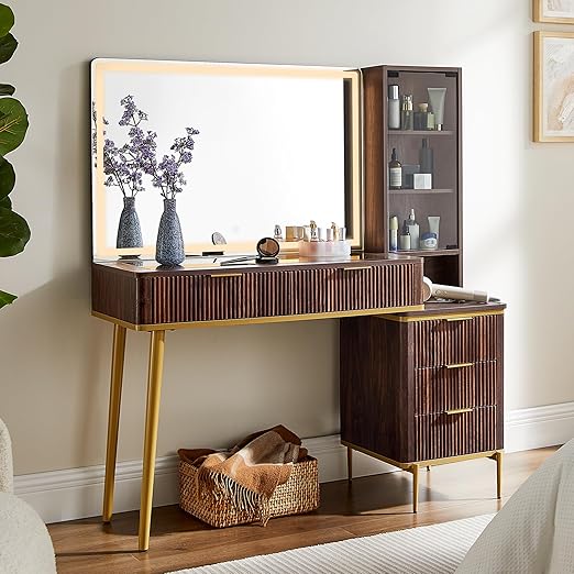 Amazon.com: T4TREAM Fluted Makeup Vanity Desk with 36" HD Lighted ...
