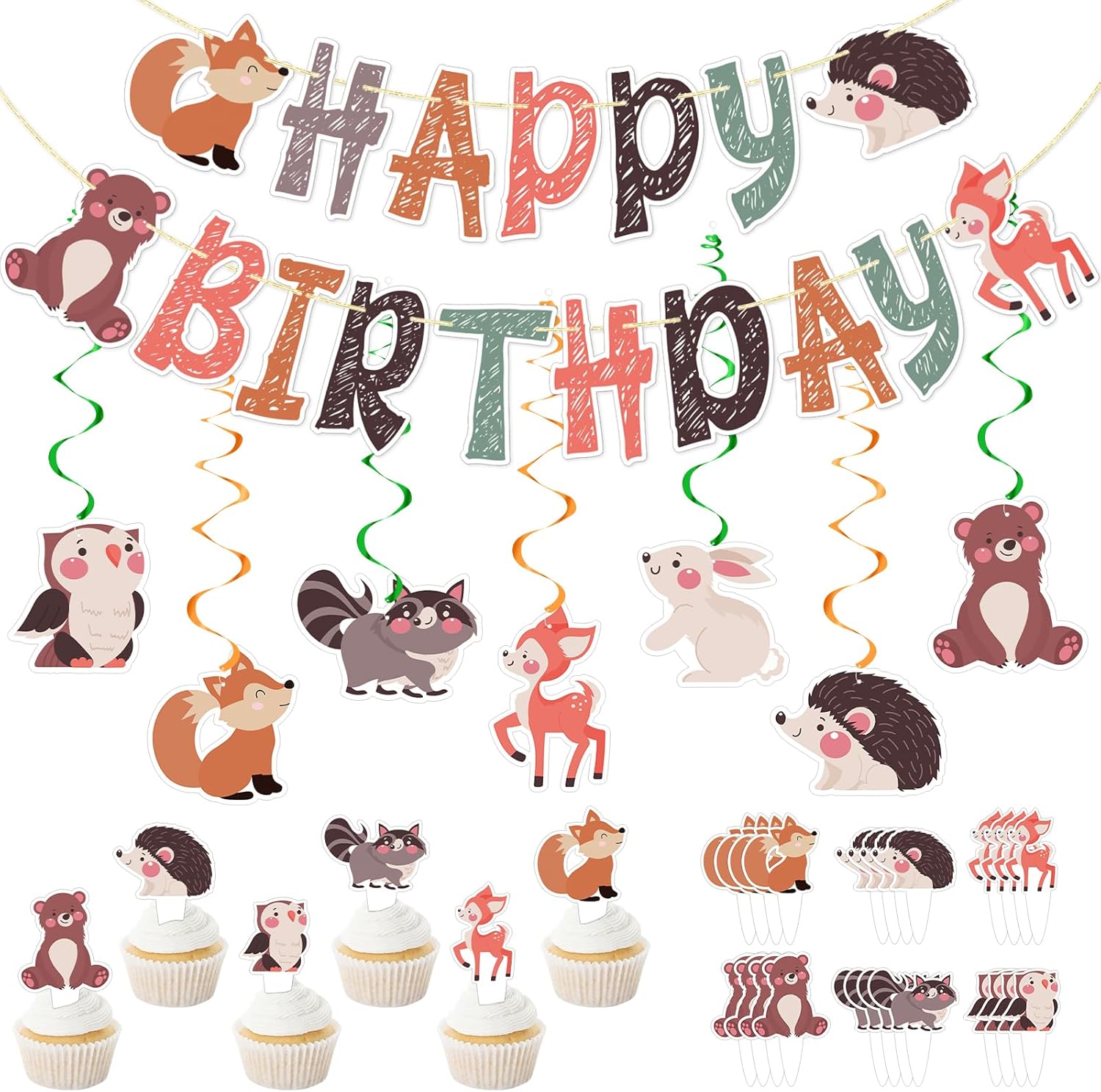 Amazon.com: Woodland Happy Birthday Banner, Forest Animal Cupcake ...