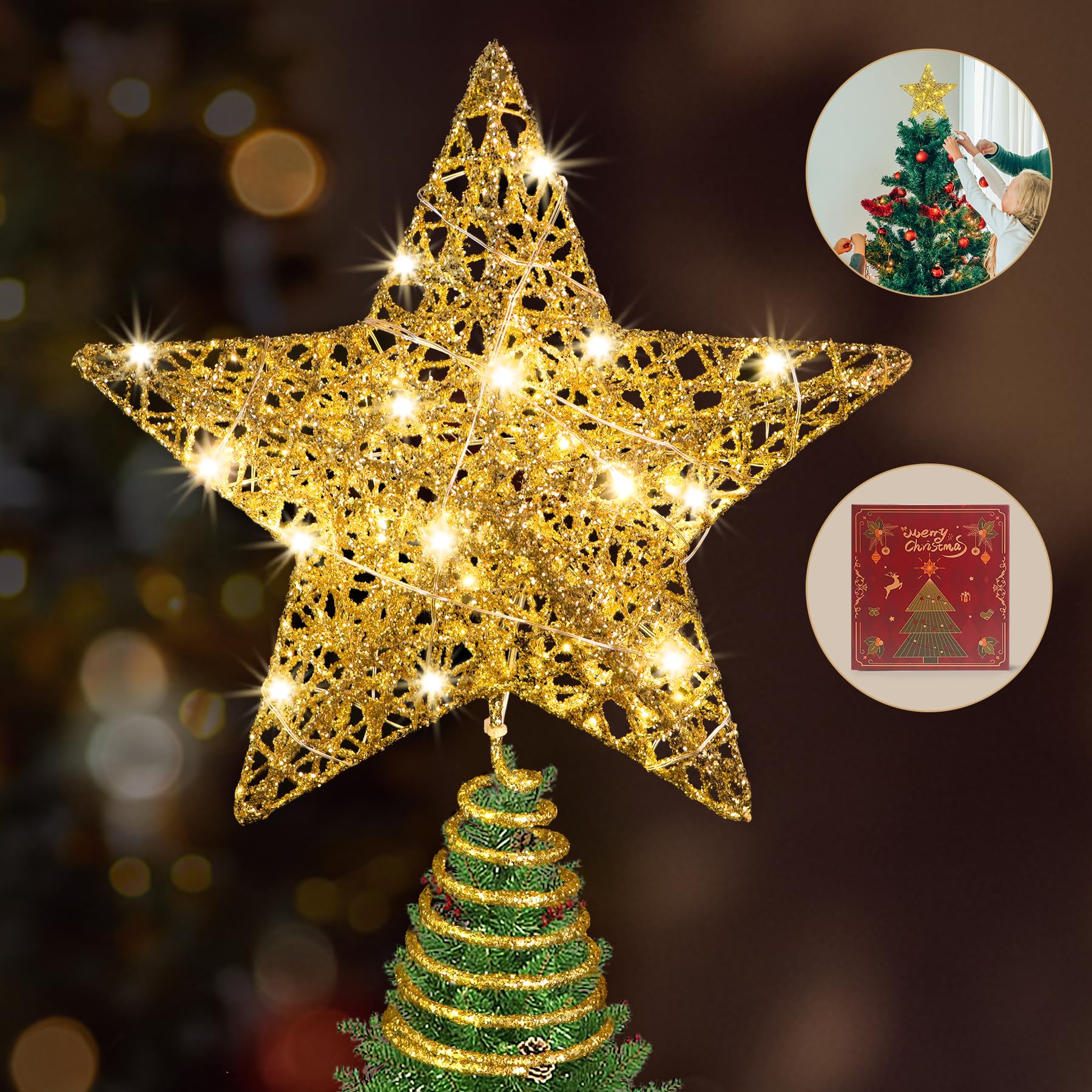 Amazon.com: WHOLEV Gold Christmas Tree Topper, 20 LED Lights Gold ...