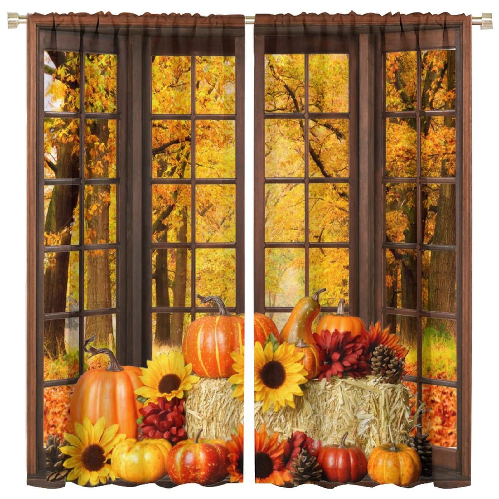 Amazon.com: Fall Pumpkin Autumn Leaves Curtains Thanksgiving Sunflower ...