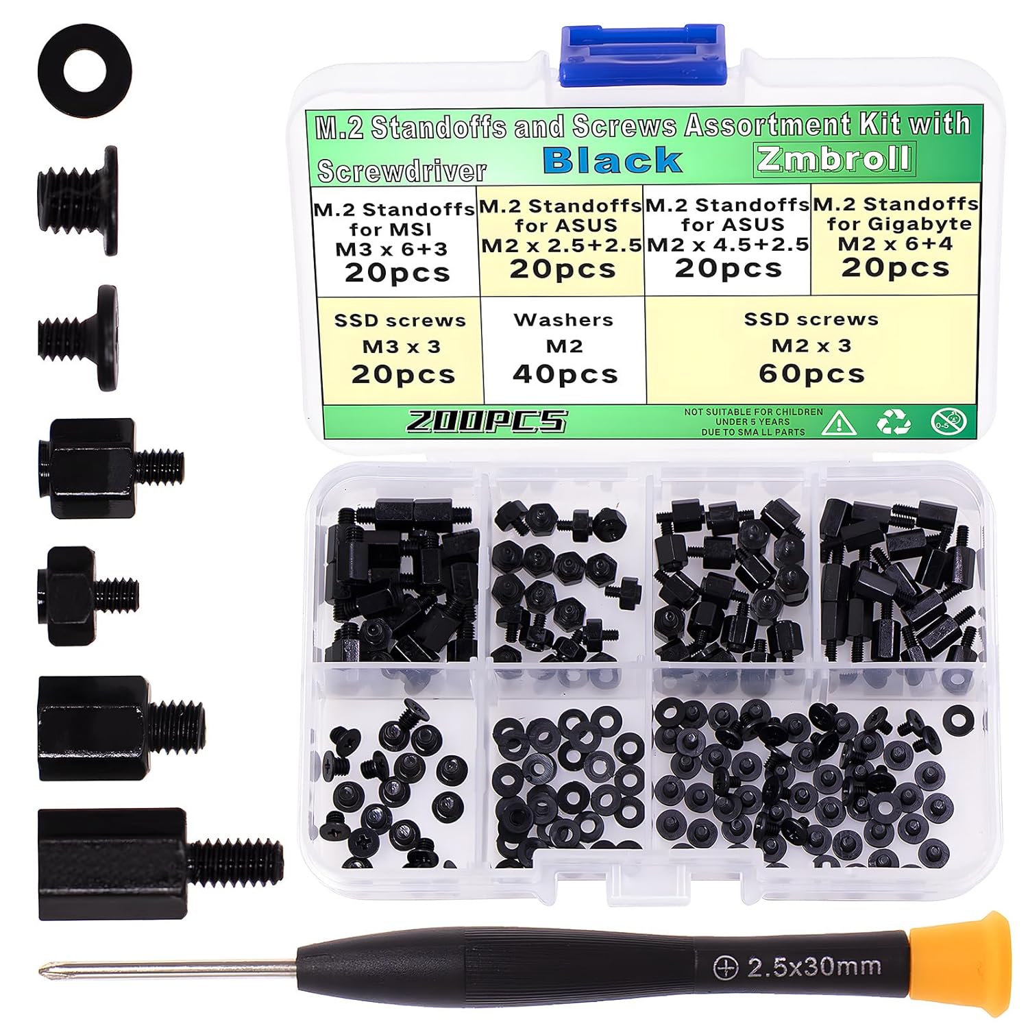 Zmbroll 200Pcs M 2 Screw Kit Black M2 SSD Mounting Screws NVMe Screw