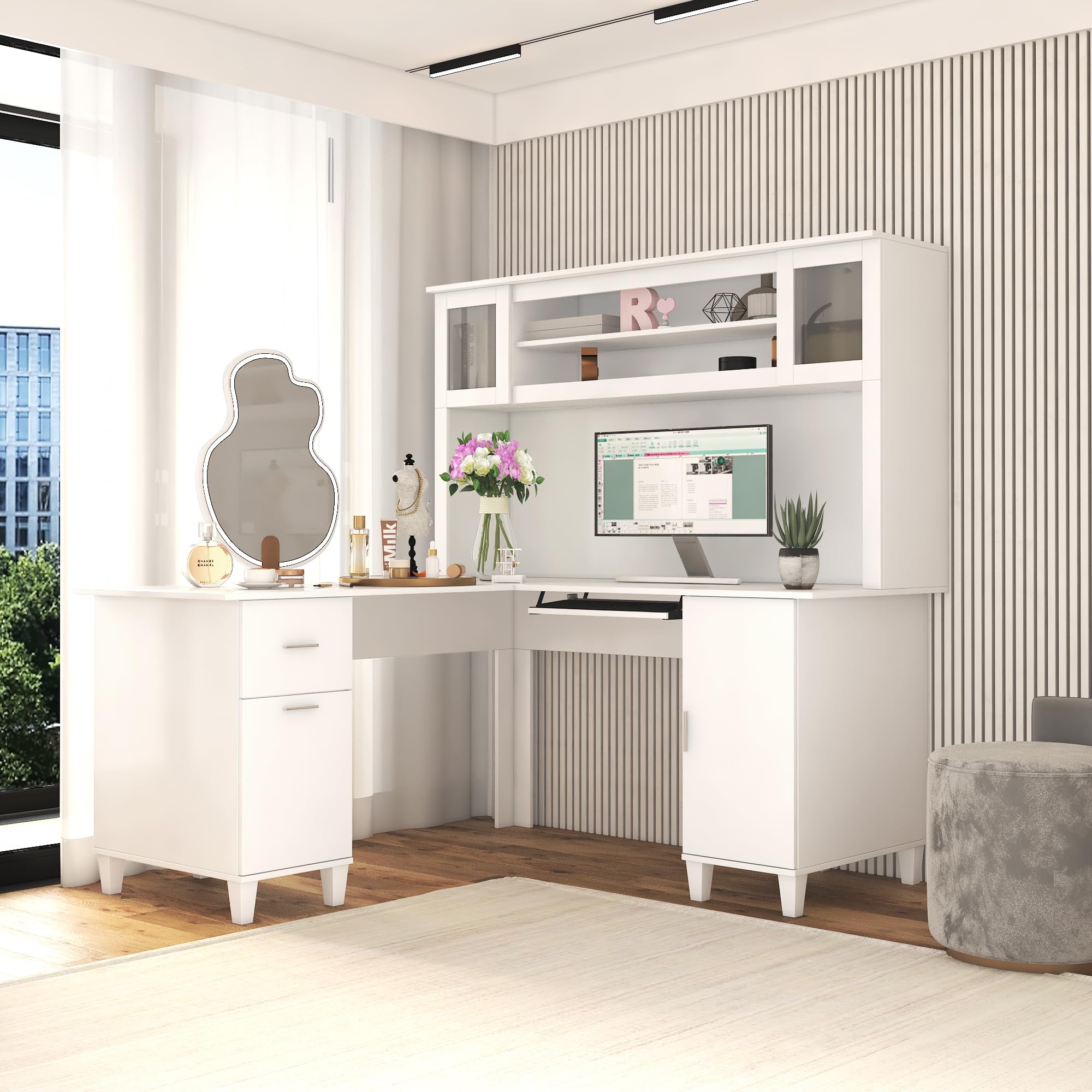 Amazon.com: White Computer Desk with Drawer and Storage Shelves, Home ...