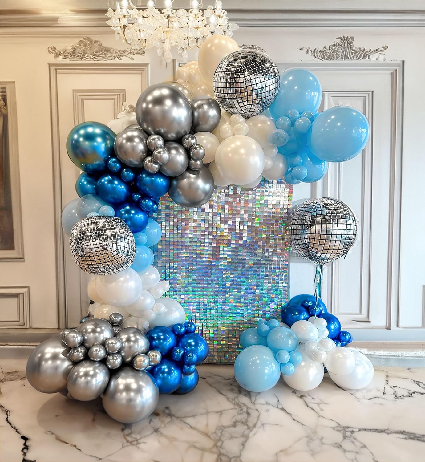Amazon.com: Chrome Blue and white silver Balloon Garland Arch kit with Blue pearl white balloons ...