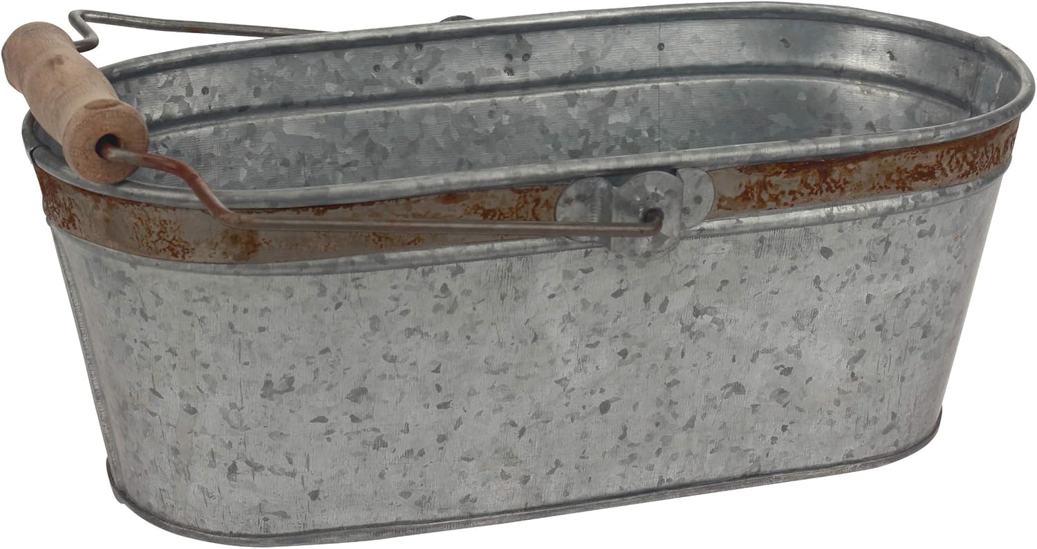 Amazon.com: Stonebriar Small Aged Galvanized Metal Oval Bucket with ...
