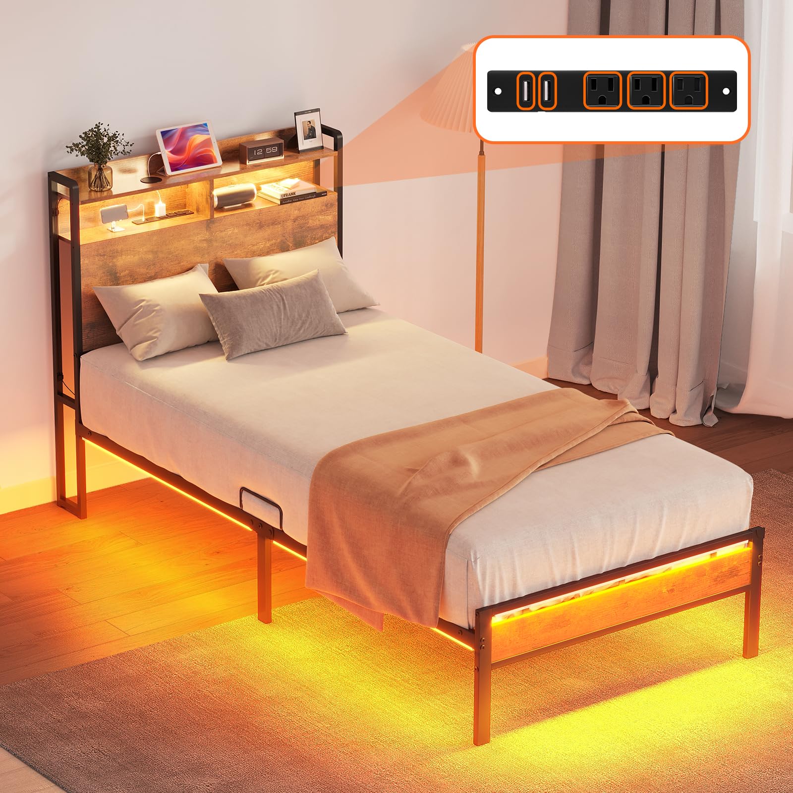 KKL Twin Bed Frames, RGB LED Strip Light with Charing Station, Led Bed ...
