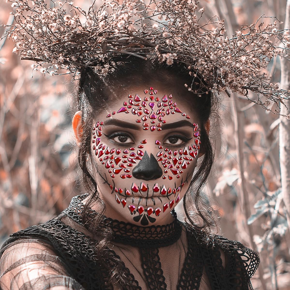 Amazon.com : Glitter Temporary Red Rhinestone Face Tattoo - Day of the ...