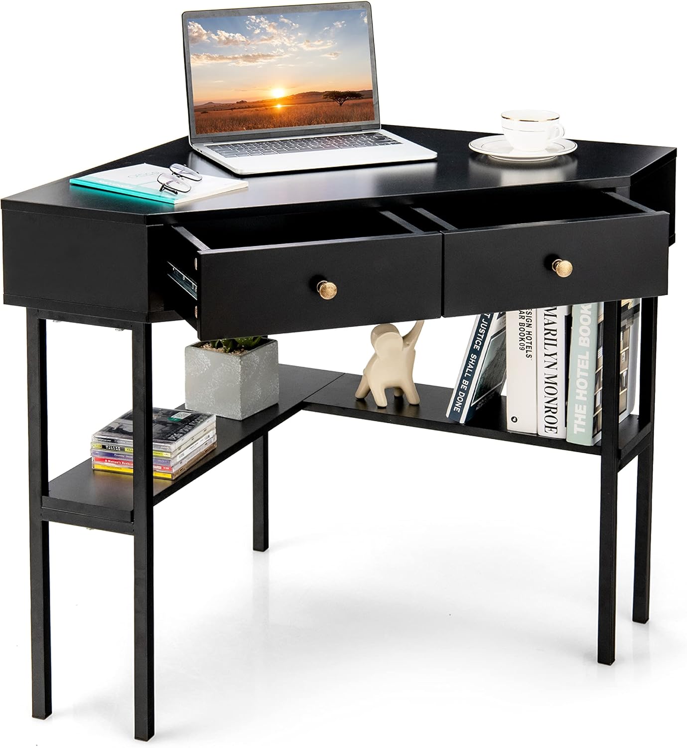 SFAREST Corner Desk, Wooden Triangle Computer Desk with Open Shelf ...