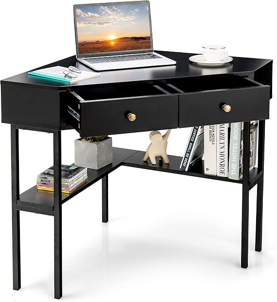 SFAREST Corner Desk, Wooden Triangle Computer Desk with Open Shelf ...