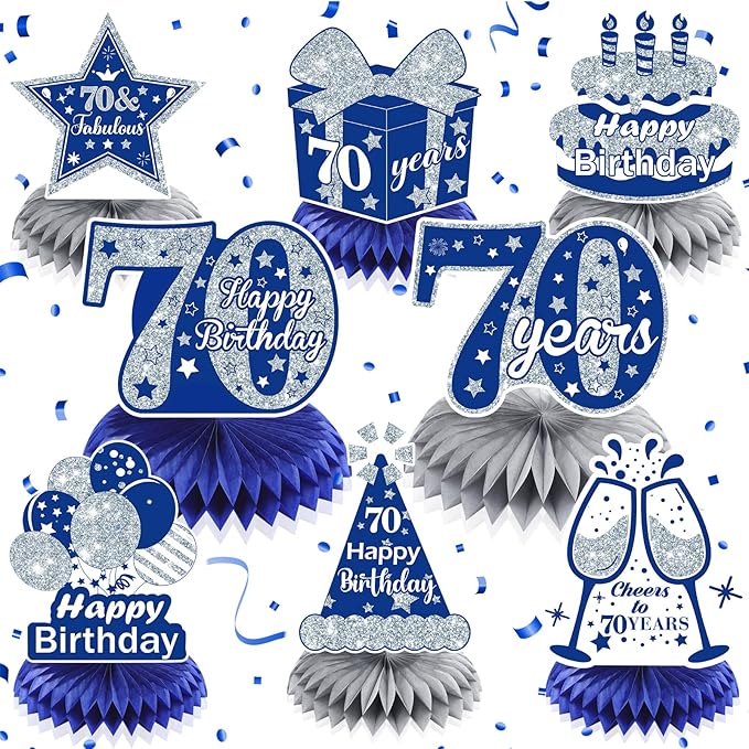 Amazon.com: 8Pcs Blue 70th Birthday Decorations Navy Blue Silver Happy ...