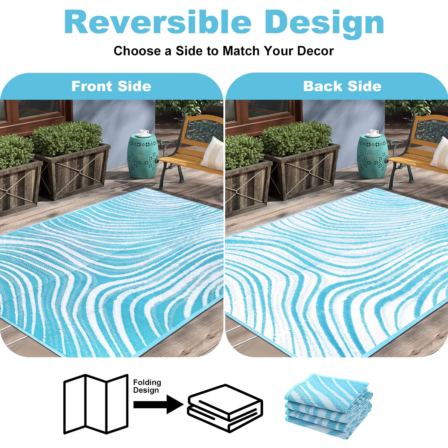 Outdoor Rug 8' x 10' Patio Waterproof Rug, Wave Reversible Outdoor ...