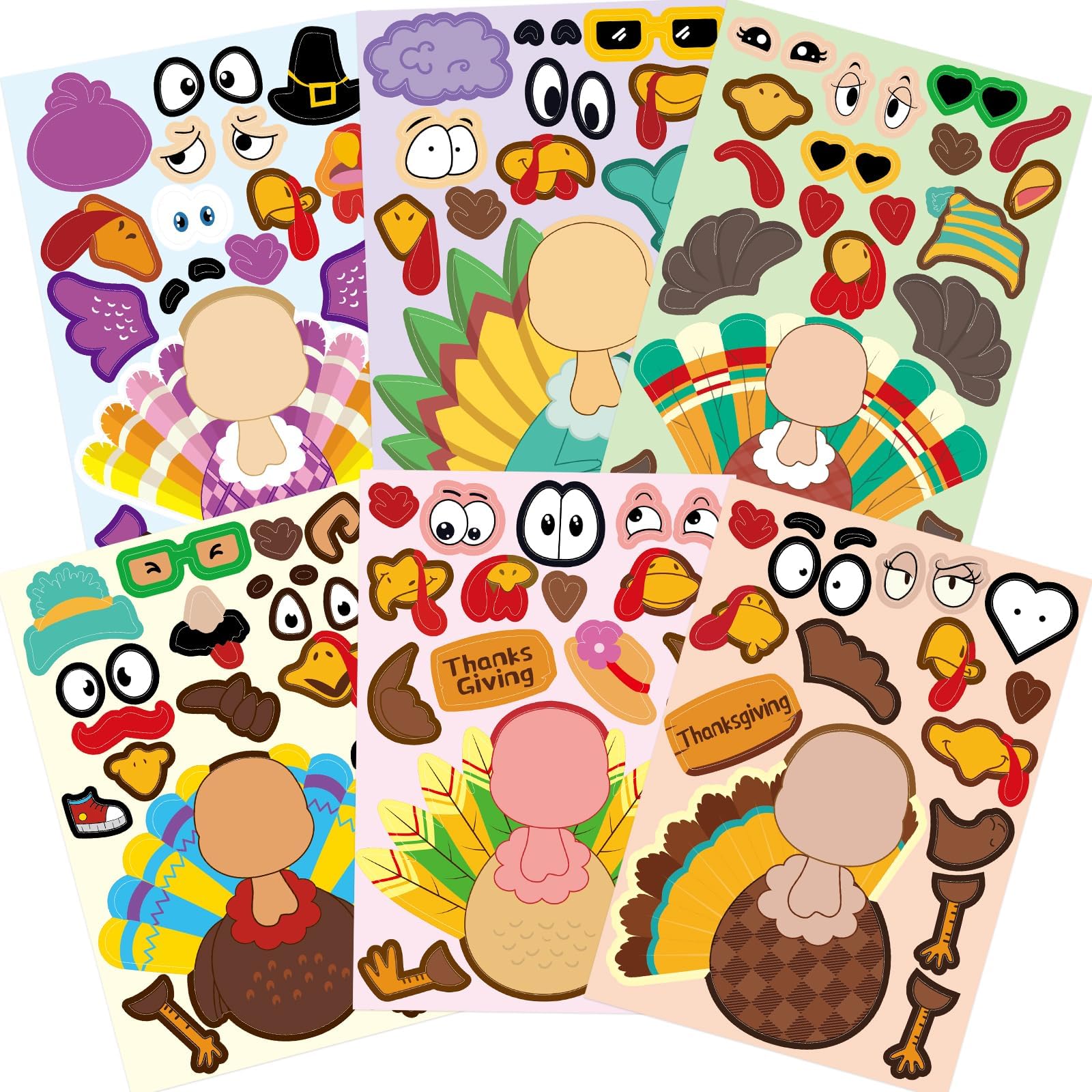 Amazon.com: 48 Sheets Thanksgiving Stickers for Kids Fun Make A Turkey ...