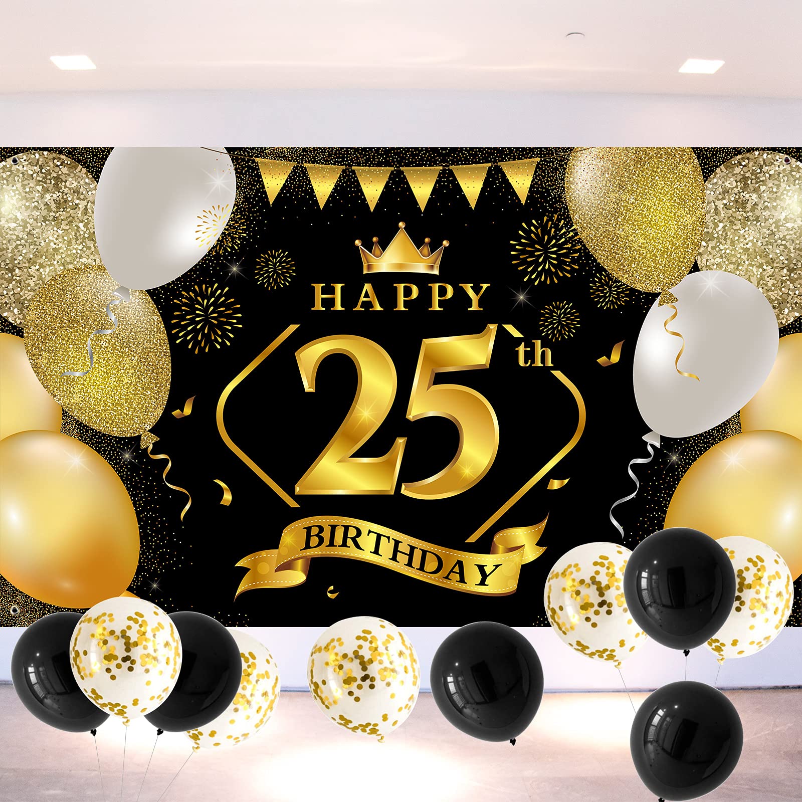 25th Birthday Decoration Backdrop Banner Black Gold Extra Large Happy ...