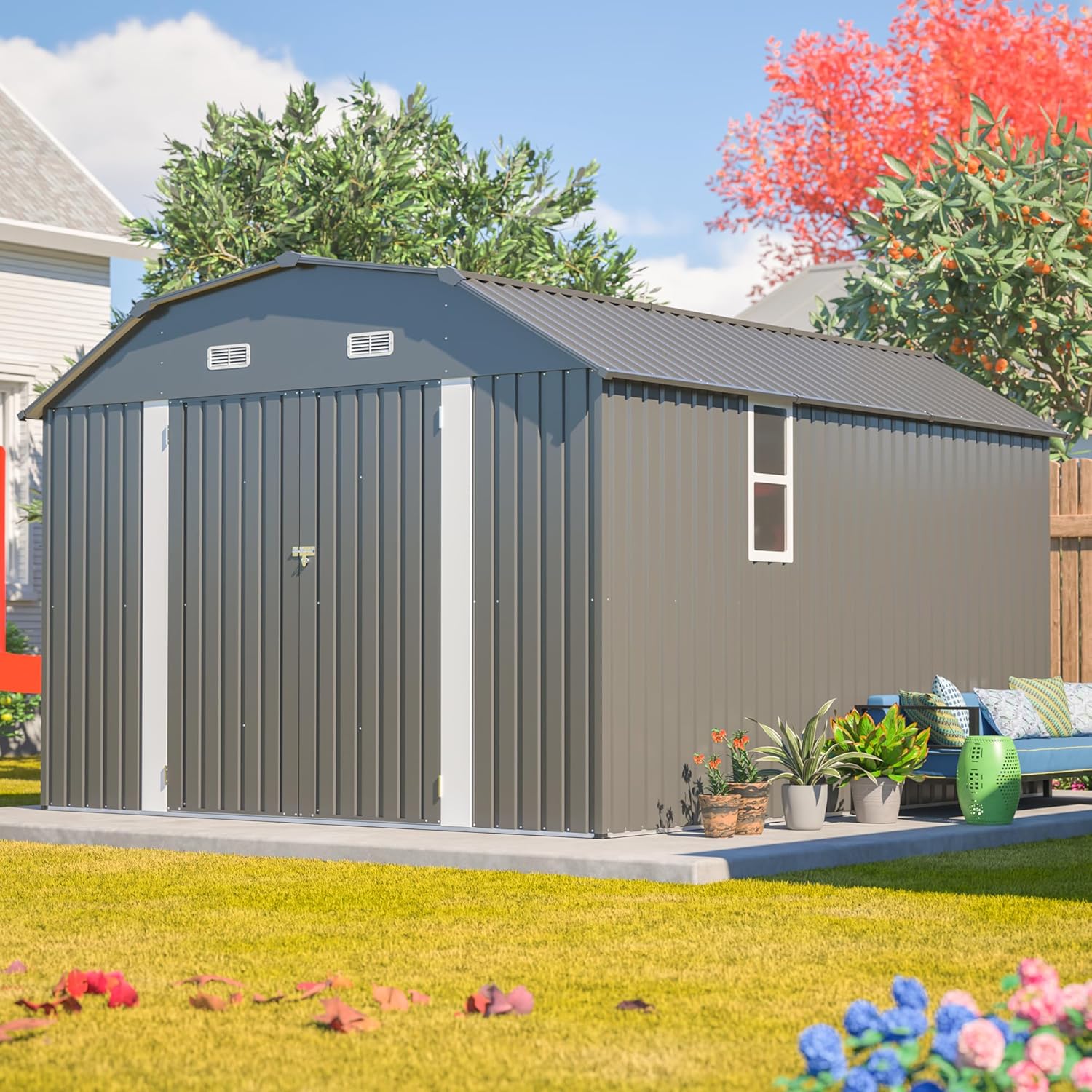 Amazon.com : 10x12 FT Metal Storage Shed with Floor Frame, Heavy-Duty ...
