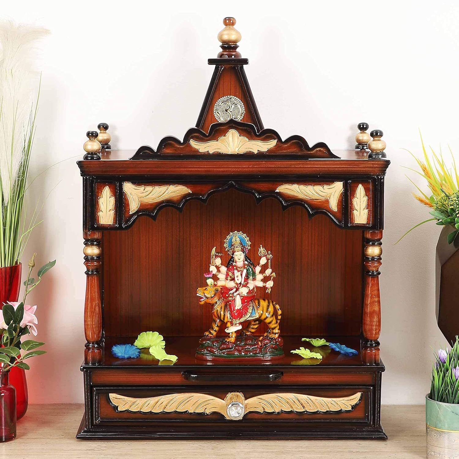 DZYN Furnitures Divya Prakostha Small Wooden Temple Home/Wall Hanging Pooja Mandir Without Door ...
