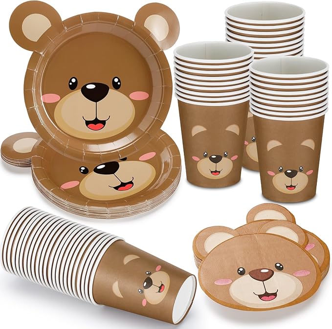 Amazon.com: Yungyan 98 Pcs Brown Bear Party Tableware Set for 24 Guests, Included 24 Bear Baby ...