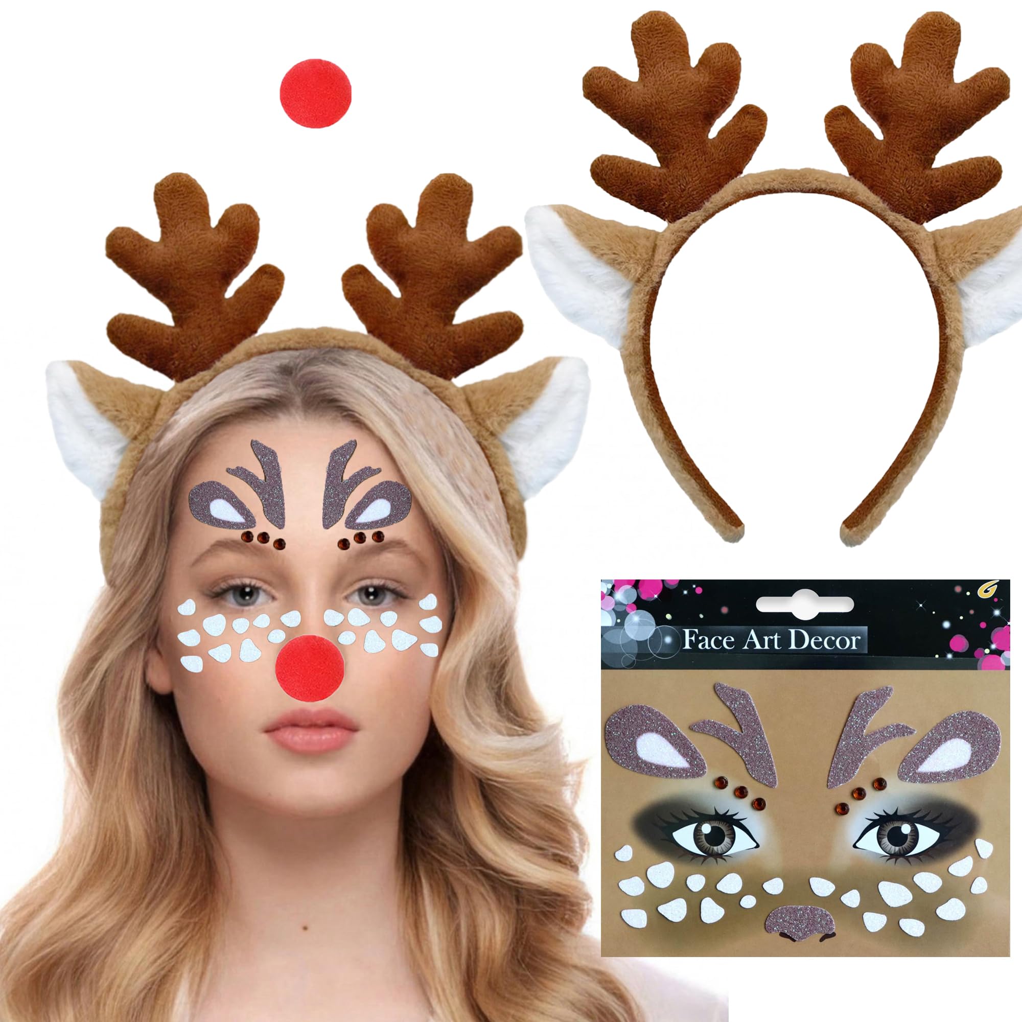 Amazon.com: Reindeer Antlers Headband & Reindeer Face Tattoos Red Nose ...