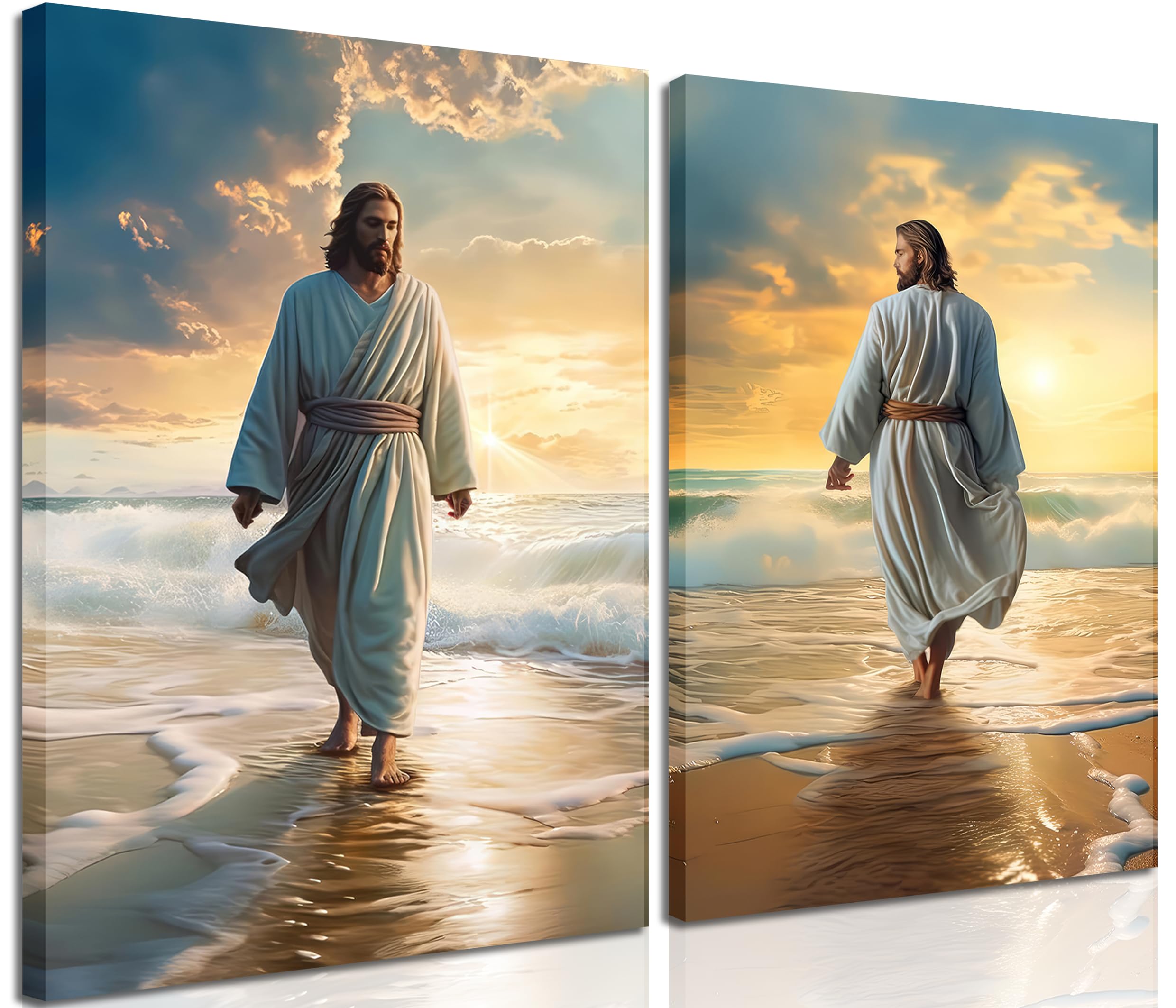 Amazon.com: Framed Jesus Wall Art Set of 2 Jesus Walking on the Beach ...
